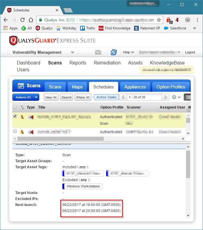 Two time values displayed for the next scheduled scans