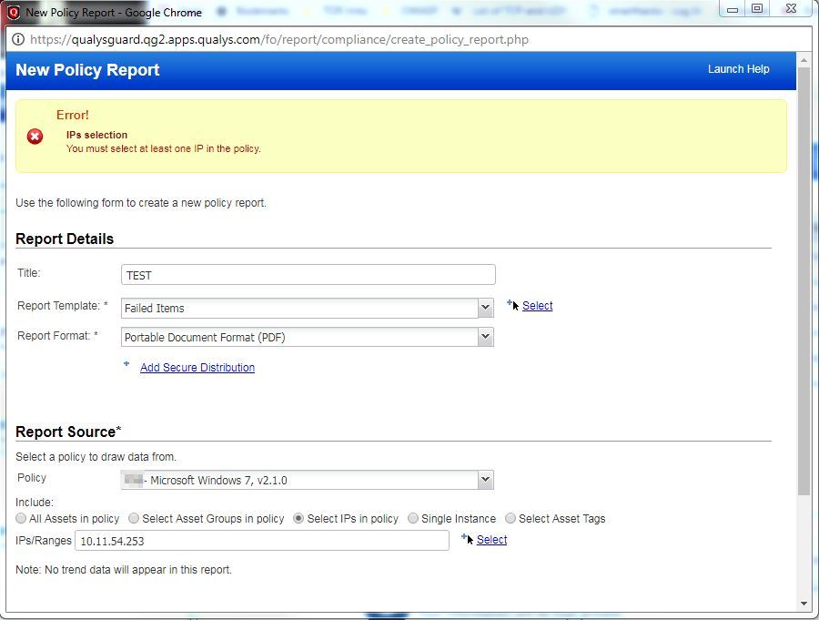 IPs selection error when creating a new policy report in Policy Compliance