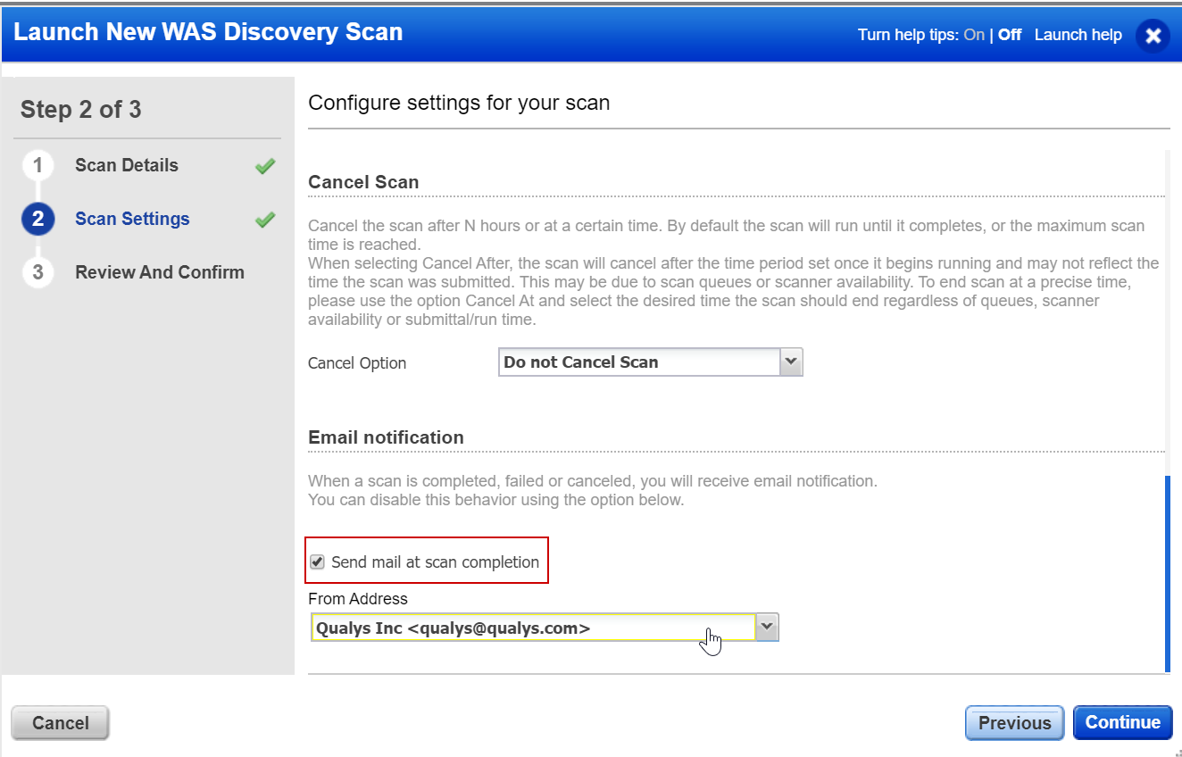 Turn on WAS scan email notification