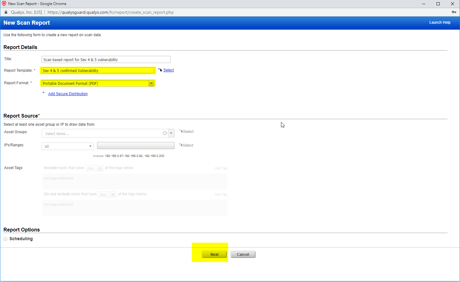 Generating Scan report with Severity 4 and 5 Vulnerabilities