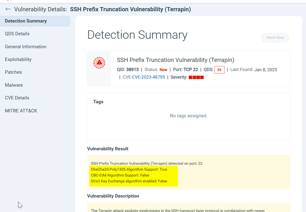 Underlying of QID 38913 (SSH Prefix Truncation Vulnerability - Terrapin)